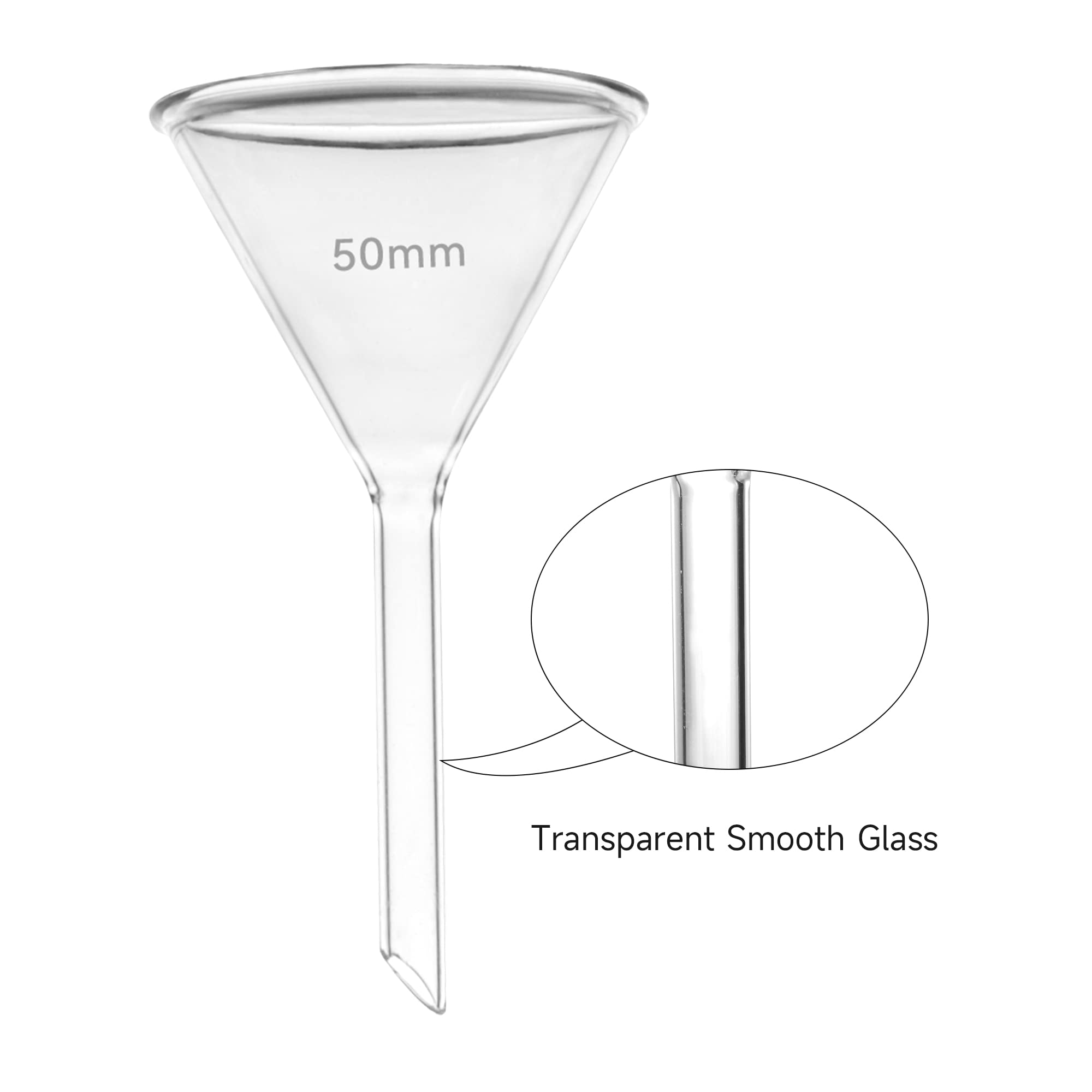 50mm Glass Funnel, 2 Pack Heavy Wall Borosilicate Glass Funnel, 50mm Stem Length – Premium Chemistry Reusable Funnel for Laboratories