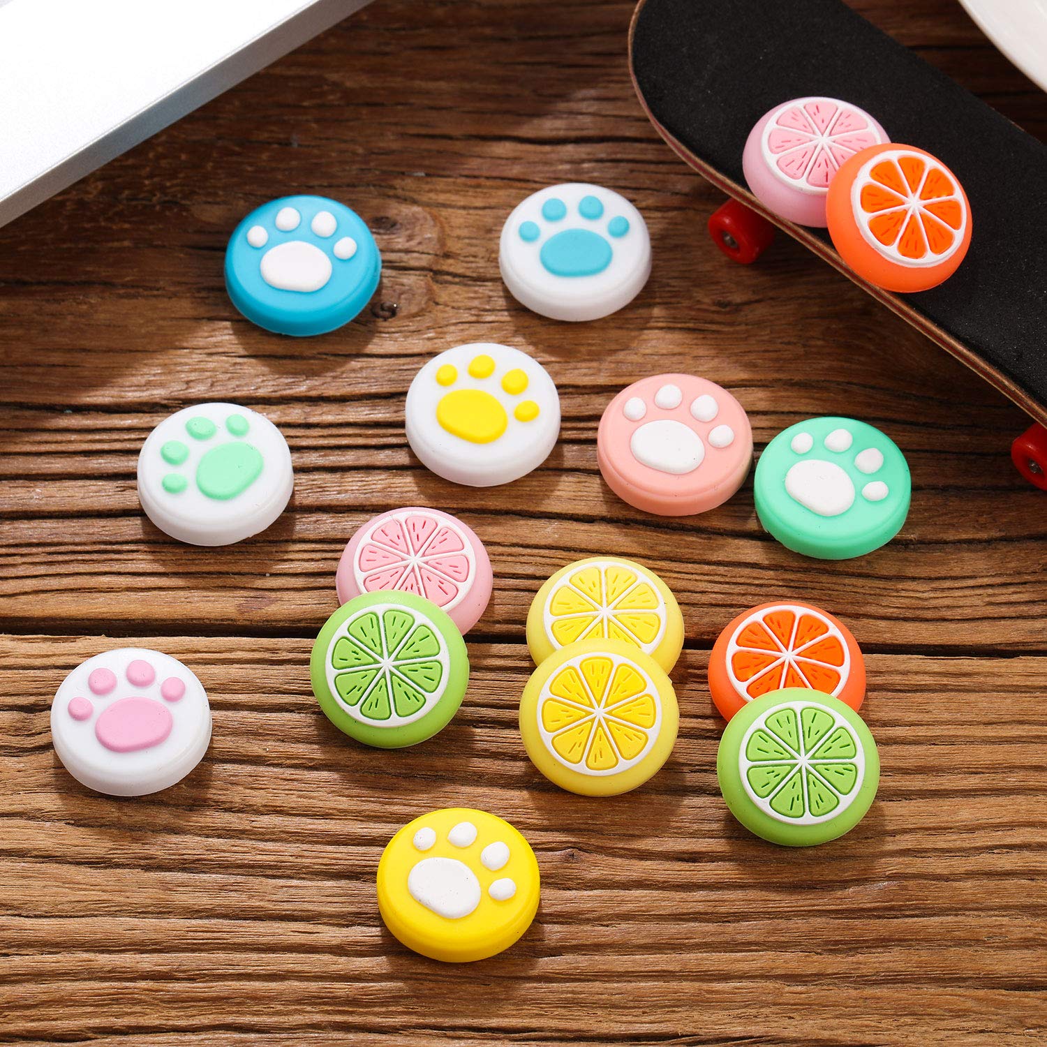 24 Pieces Replacement Cute Cat Paw and Fruit Lemon Design Thumb Grip Caps Thumb Grip Analog Stick Cover Joystick Cap Soft Silicone Cover Compatible with Nintendo Switch, Switch Lite Joy-Con Controller