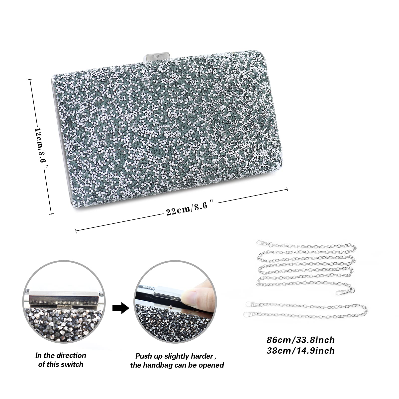 ERCULER Topfive Women Sparkling Grey Clutch Purse Elegant Glitter Evening Bags Bling Evening Handbag for Dance Wedding Party Prom Bride