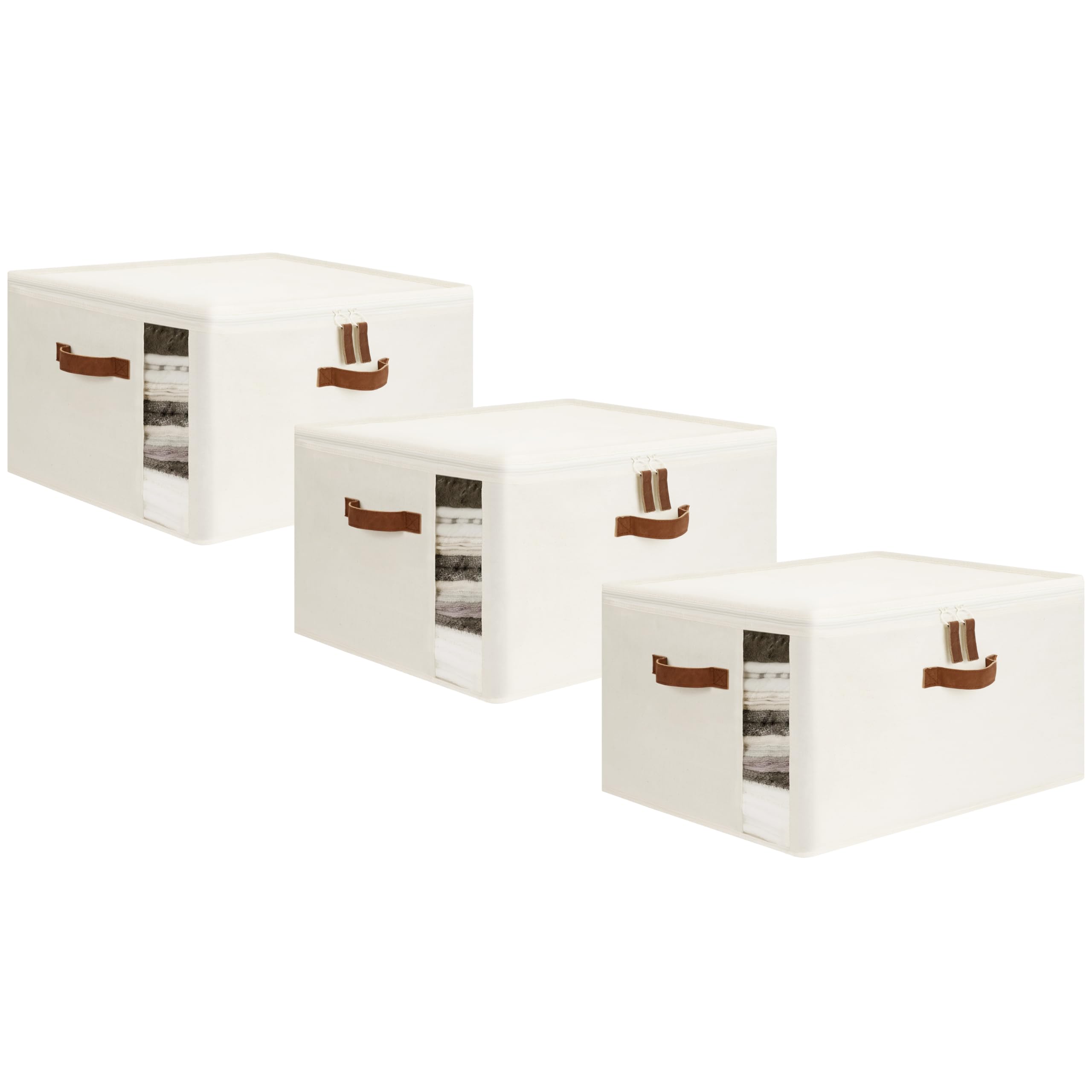 StorageWorks 68L Comforter Storage Bags with Handles, Clothing Storage Containers for Quilt, Sheet, Bedding, Large Closet Organizers with Dual Zipper, Underbed Organization and Storage, Beige, 3-Pack