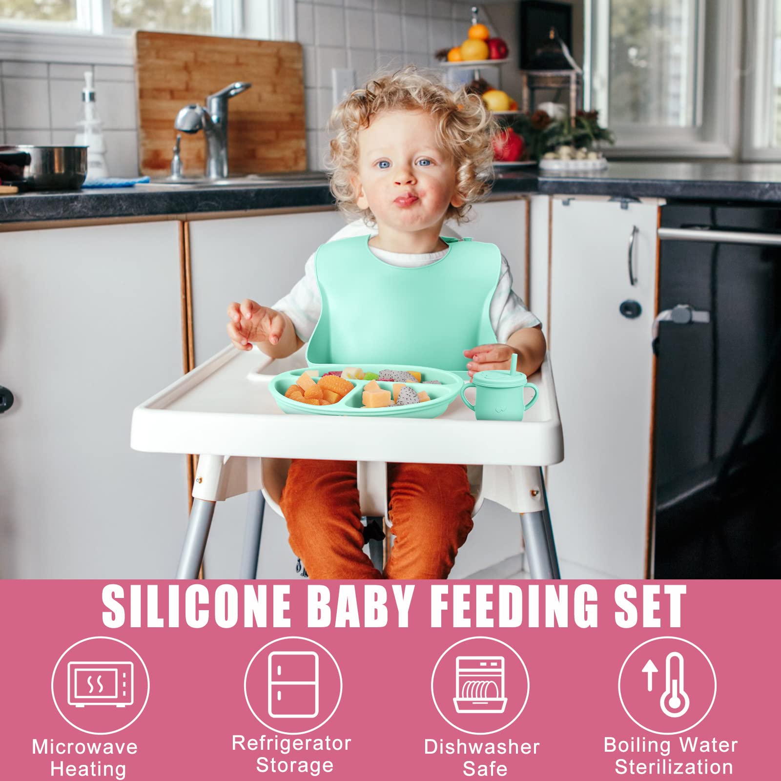 3 Sets Baby Led Weaning Supplies, Silicone Baby Feeding Set with Divided Plate Adjustable Bib Suction Bowl with Lid Snack Cup Soft Spoon Fork, Toddler Self Eating Utensil (Purple, Mint, Pink)