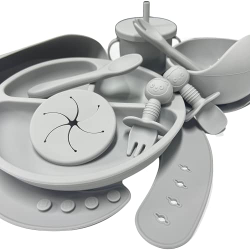 Baby Led Weaning 10 Piece Feeding Eating Supplies | Strong Suction Plate Silicone Cup Snack Lid Drink Lid with Straw Silicone Suction Bowl Bib Spoons Forks Baby Tableware Set 6MonthsToToddler(Grey)