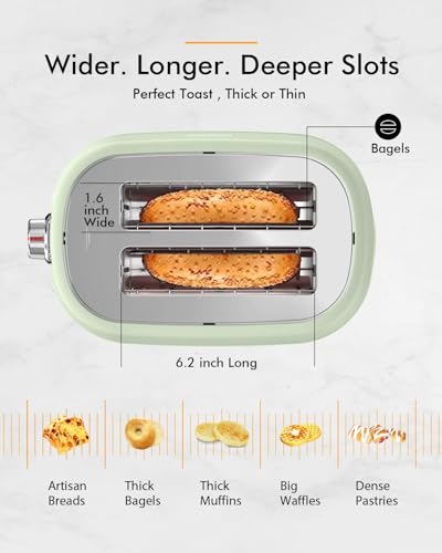 2 Slice Toaster with Extra Wide Slots & Removable Crumb Tray - 6 Browning Options, Auto Shut Off & Frozen Function, Toast Fruit Bread, Bagel & Waffle, Pastel Green
