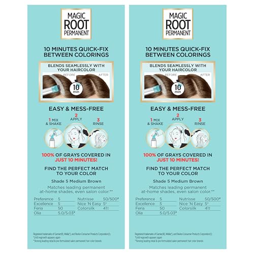 L’Oréal Paris Magic Root Permanent Hair Color, 10 Minute Hair Dye Kit to Rescue Roots with 100% Gray Hair Coverage, 5 Medium Brown, 2 Pack (Packaging May Vary)