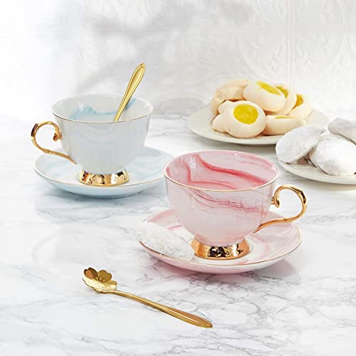 3-Piece Pink Marble Tea Cup and Saucer Gift Set for 1, 7 oz Teacup with Gold Spoon