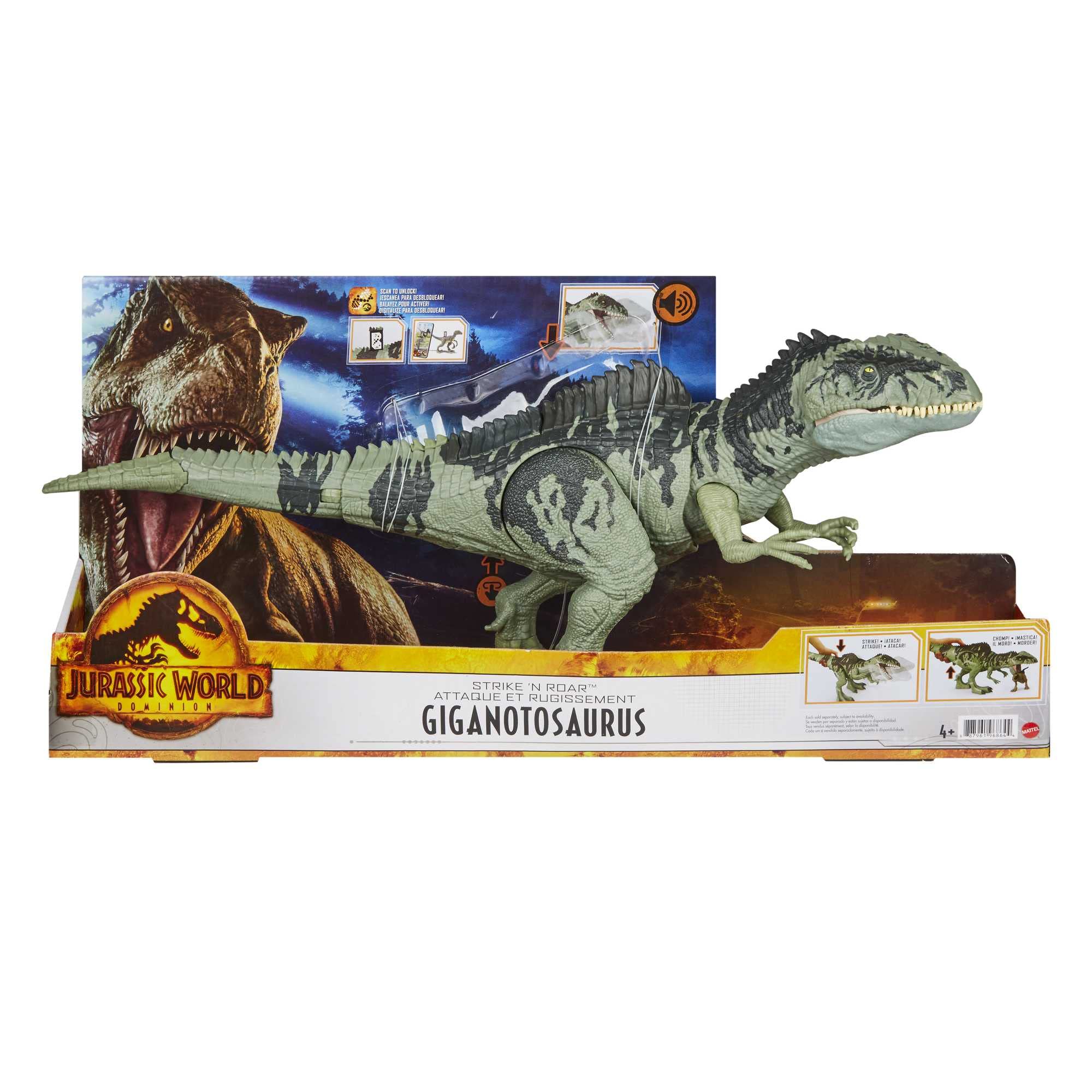 Mattel Jurassic World Dominion Strike 'n Roar Dinosaur Action Figure, Giganotosaurus Green Dino Toy with Striking Motion & Sounds