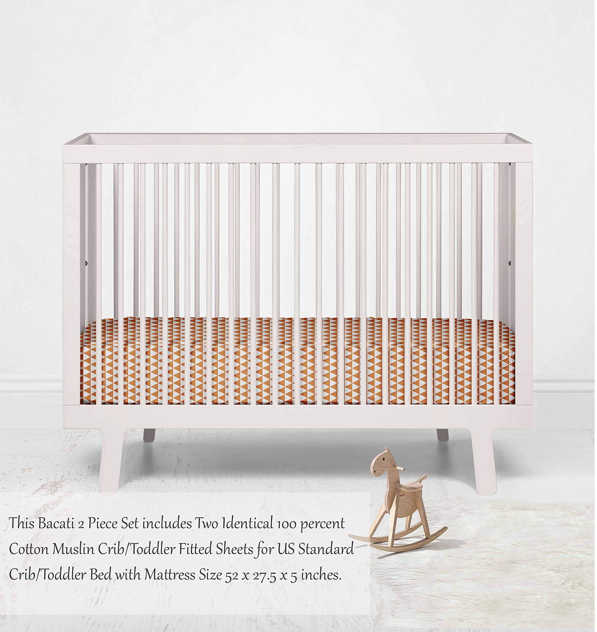 Bacati - 2 Pack Tribal/Aztec/Triangles Silky Soft Breathable 100% Cotton Muslin Baby Crib Fitted Sheets - Fits Standard 28 x 52 x 5 Crib & Toddler Mattresses (Orange Triangles)