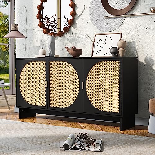 Accent Storage Cabinet with Rattan Door Freestanding Storage Sideboard with Adjustable Shelves Mid Century Modern Entryway Cabinet for Living Room, Hallway, Dining Room (Black)