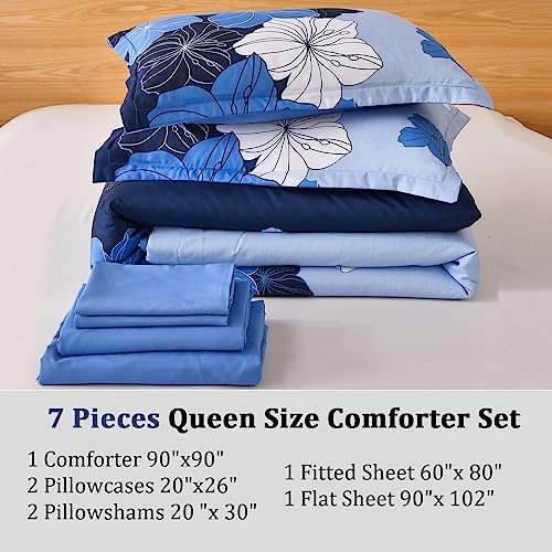 Floral Comforter Set Queen Blue Flower Comforter Set 7 Pieces Bed in a Bag Soft Microfiber Bedding Comforter with Sheets Spring Summer Bed Comforter Set (7pcs,White and Blue Floral Comforter Set)
