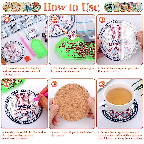 Billbotk 10 Pieces Independence Day Diamond Painting Coasters, Diamond Art Coasters with Holder, DIY Diamond Art Crafts Projects, Diamond Dots Kits for Adults and Beginners