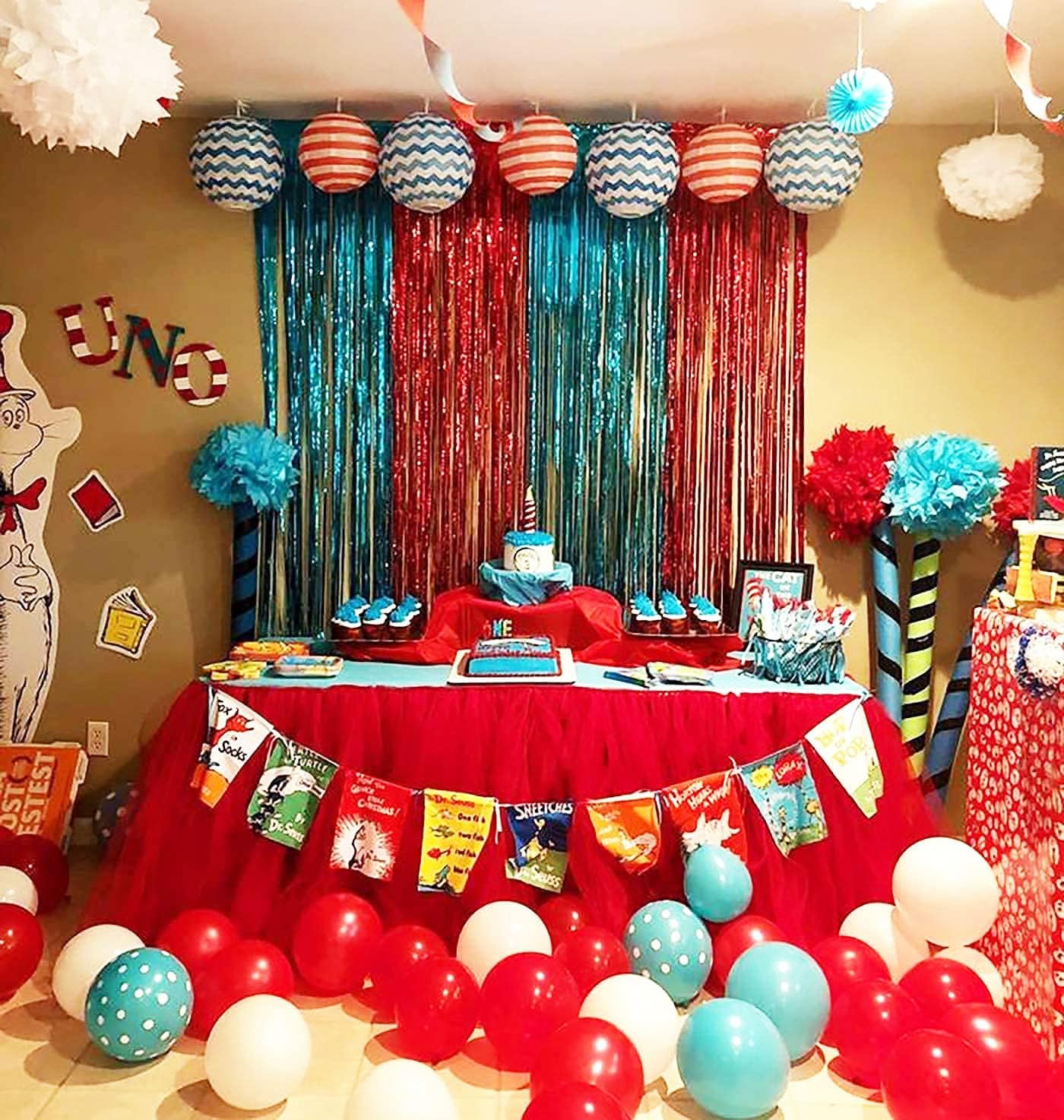 Cat in The Hat Birthday Decorations/Thing 1 and Thing 2 Baby Shower Decorations/Baby Shower/Party Decorations/Red Blue Wavy Fringe Foil Curtains Backdrop Nurse Graduation