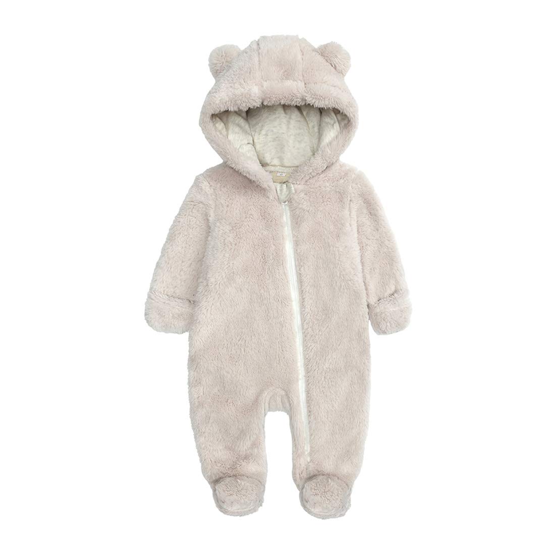 Baby Boys Girls One Piece Romper Cute Cartoon Bear Pattern Snowsuit Warm Winter Fleece Hooded Jumpsuit for 0-3 Month Baby Beige