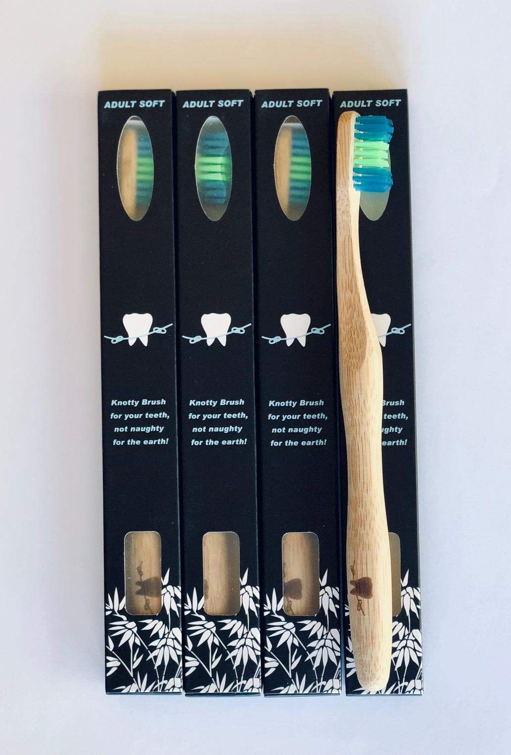 Knotty Brush Bamboo Toothbrush with Soft Nylon Bristles - Adult Size - 4 Pack