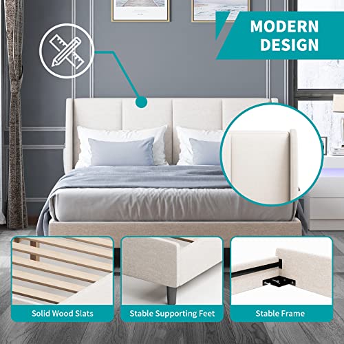 BALUS Wingback King Size Bed Frame, Upholstered Platform Bed Frame with 2 Pockets,Bed Frame with Wooden Slats Support, No Box Spring Needed/Easy Assembly/No Mattress (King, Beige)