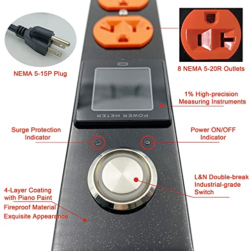 Rack Mount Power Strips 19'' 1U Switched PDU Surge Protection Metered PDU 8 Outlet with High-Precision Measuring Instruments 100-250V 20A with 6ft Heavy Duty Extension Cord (Orange)