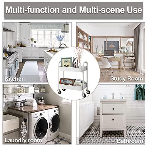 2 Tier All-Metal Rolling Cart,Rolling Storage Cart with Handle and Locking Wheels Kitchen Cart,Laundry Office Bathroom Storage Organizer Cart with Wheels, White
