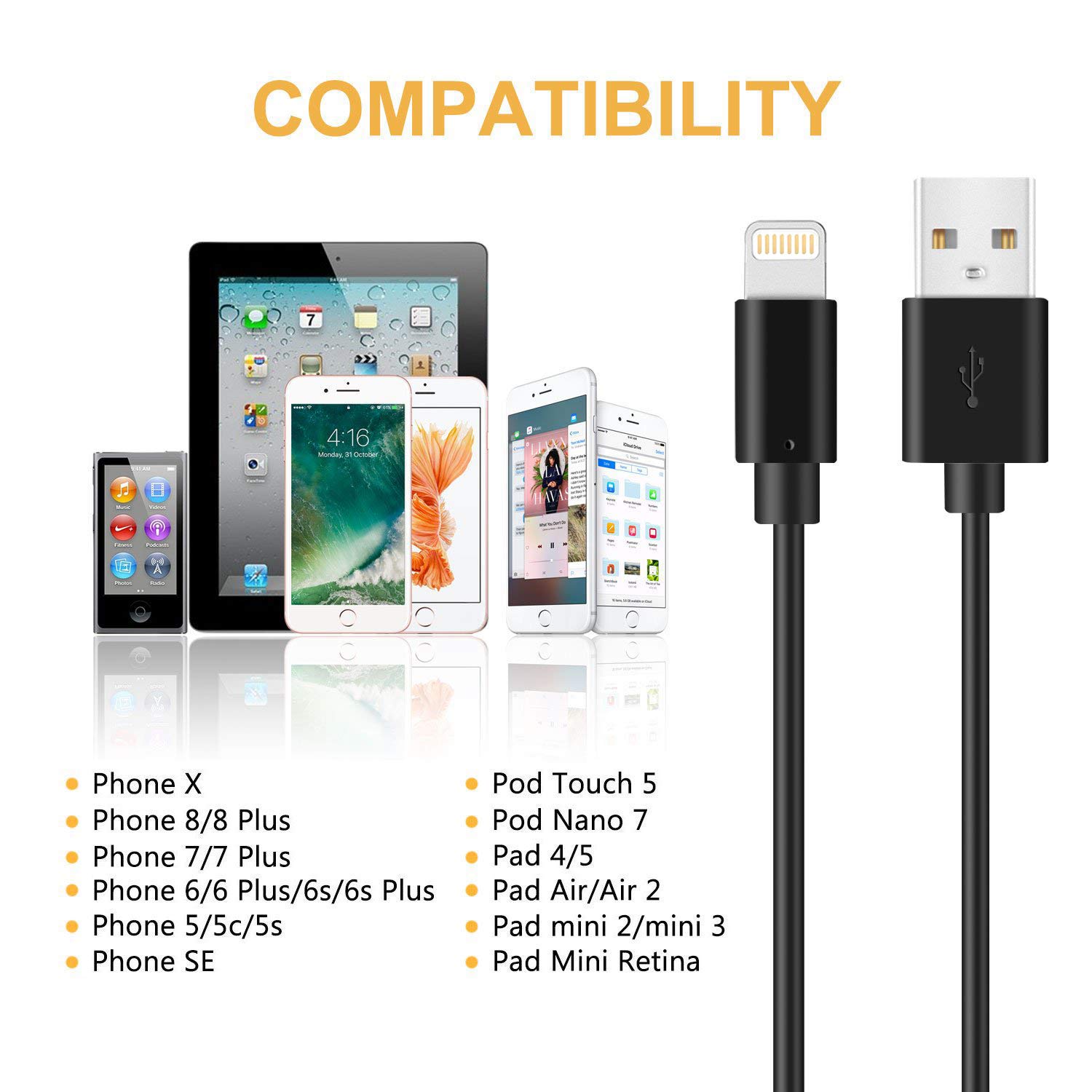 Marchpower Charger Cable iPhone 3Pack 6FT Lightning Cord USB Cable Fast Charging Cord MFi Certified iPad (2020) iPhone 13 12 11 Pro Max XR Xs X 8 Plus 7 Plus 6S 5S SE iPad Pro Air iPod Touch Black