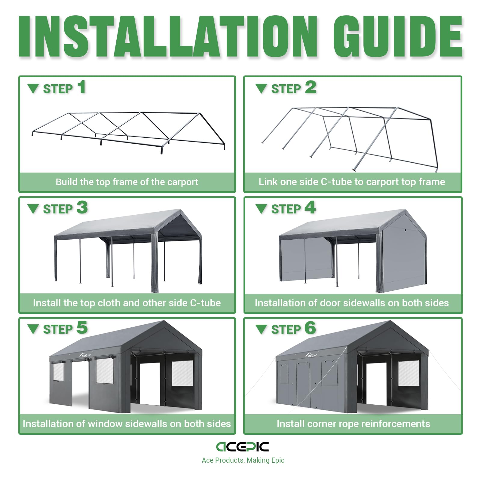 Acepic Carport (Grey, 12x20FT)