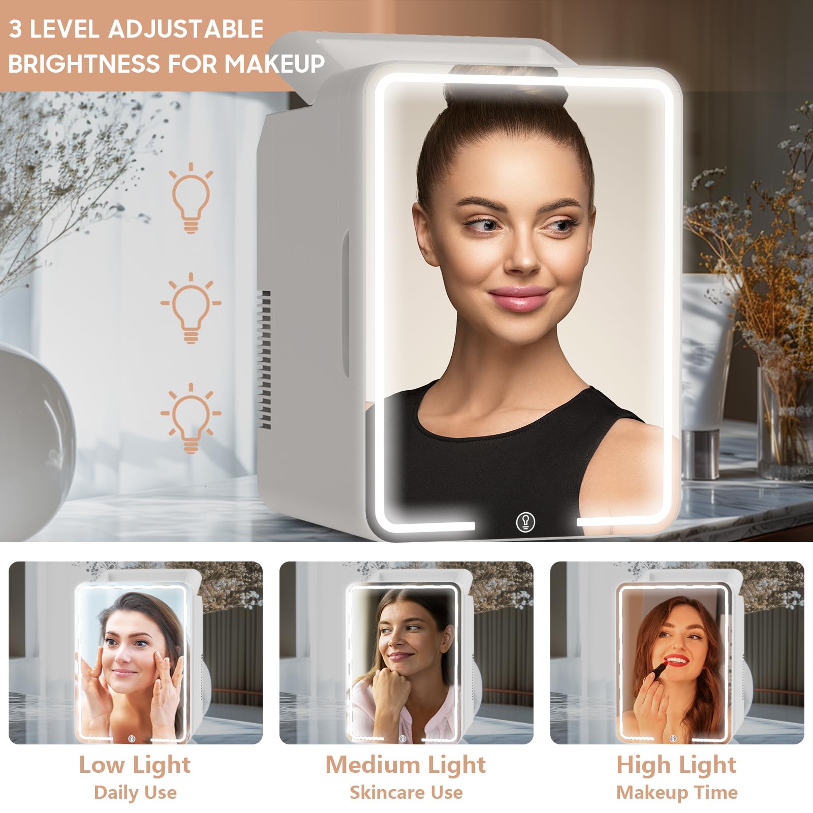 advwin 12L Mini Skincare Fridge with Dimmable LED Light Mirror, Makeup Fridge for Cooler & Warmer, Cosmetics, Beauty, Food & Drinks, Portable Small Refrigerator for Bedroom, Office, Dorm and Car