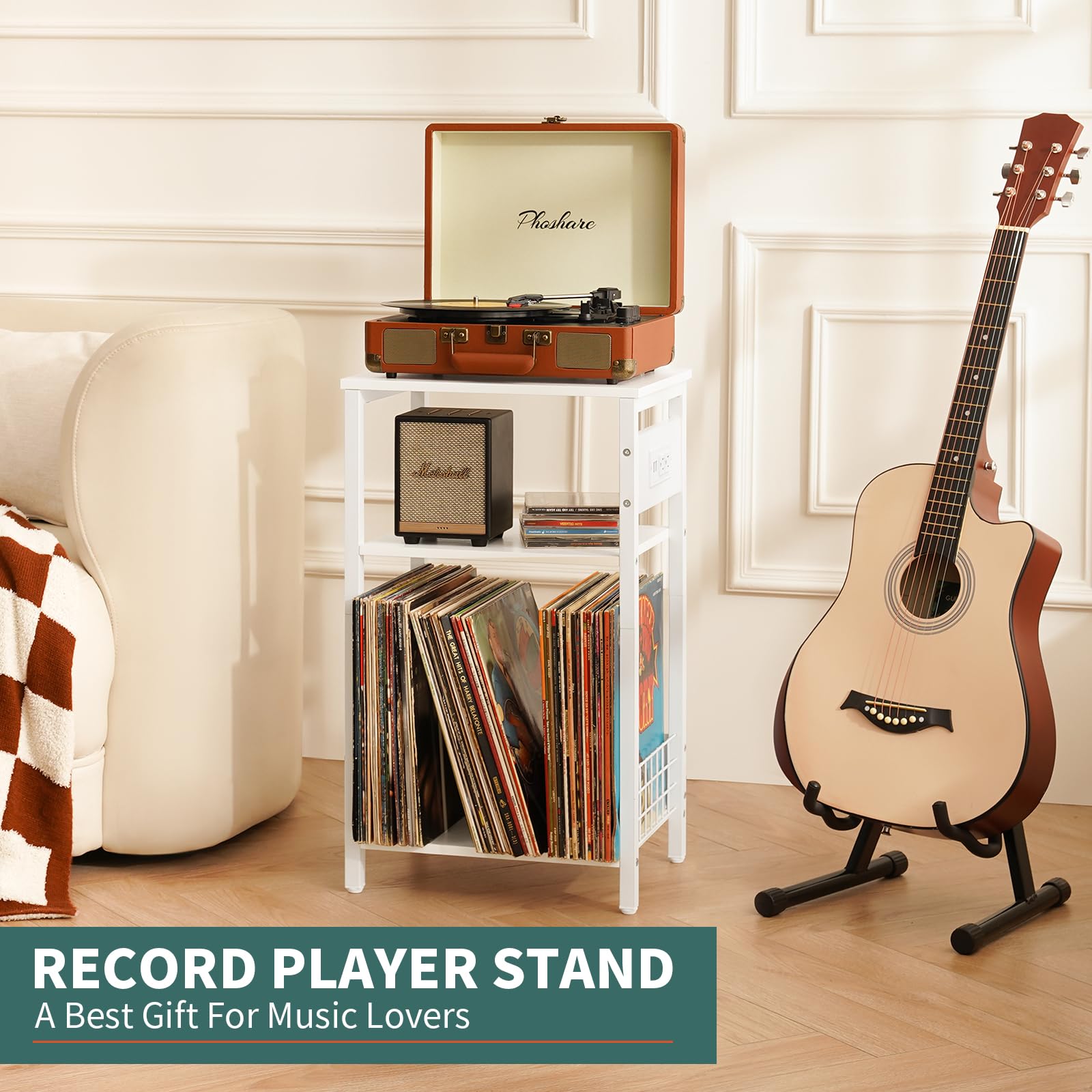 Yoobure Record Player Stand, 3-Tier White Side Table with Charging Station, Small End Table Nightstand with Vinyl Storage, Tall Beside Tables Turntable Stand for Album CD, Night Stand for Living Room