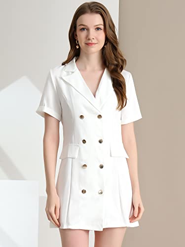 Allegra K Women's Notched Lapel Double Breasted Casual Work Office Belted Blazer Dress Medium White