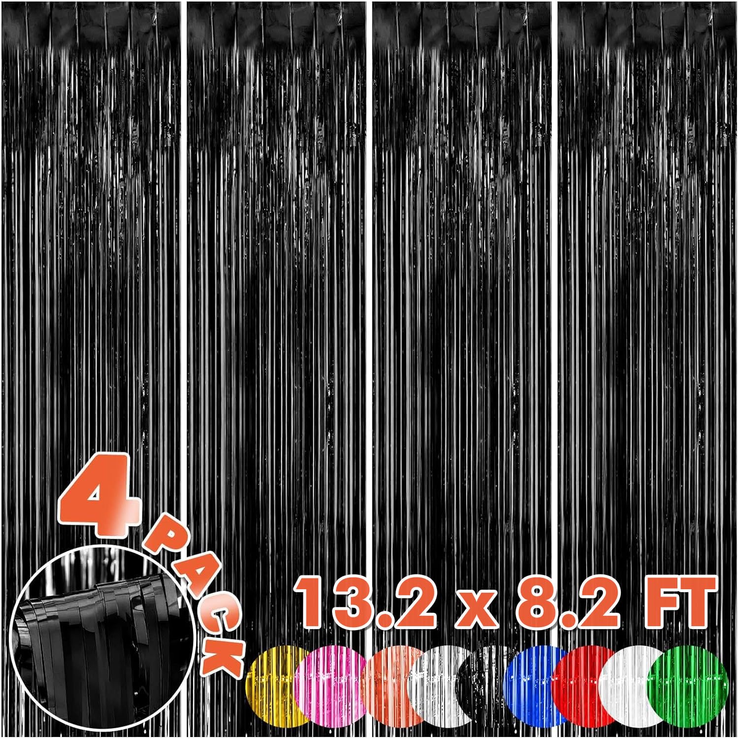 4-Pack Backdrop for Party Decorations, Foil Fringe Backdrop Curtains, Tinsel Streamers for Birthday Party Decorations, Black Tinsel Curtains for Halloween Bachelorette Prom Disco Hollywood Theme Party