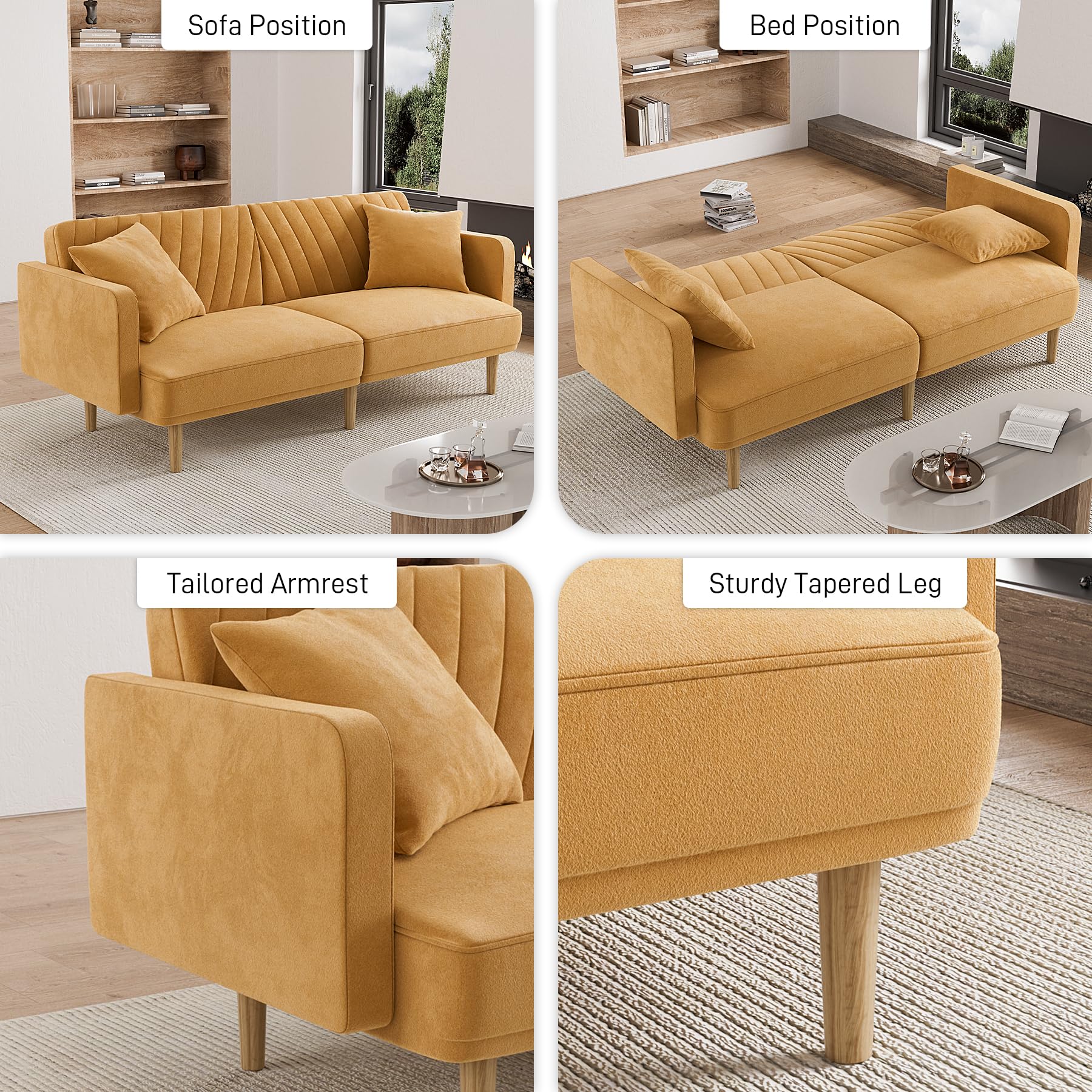 OUYESSIR Futon Sofa Bed, 75.3", Couch, Small Sofa, Sleeper Sofa, Loveseat, Mid Century Modern Velvet Futon Couch with 2 Pillows for Living Room (Yellow Velvet, Futon)
