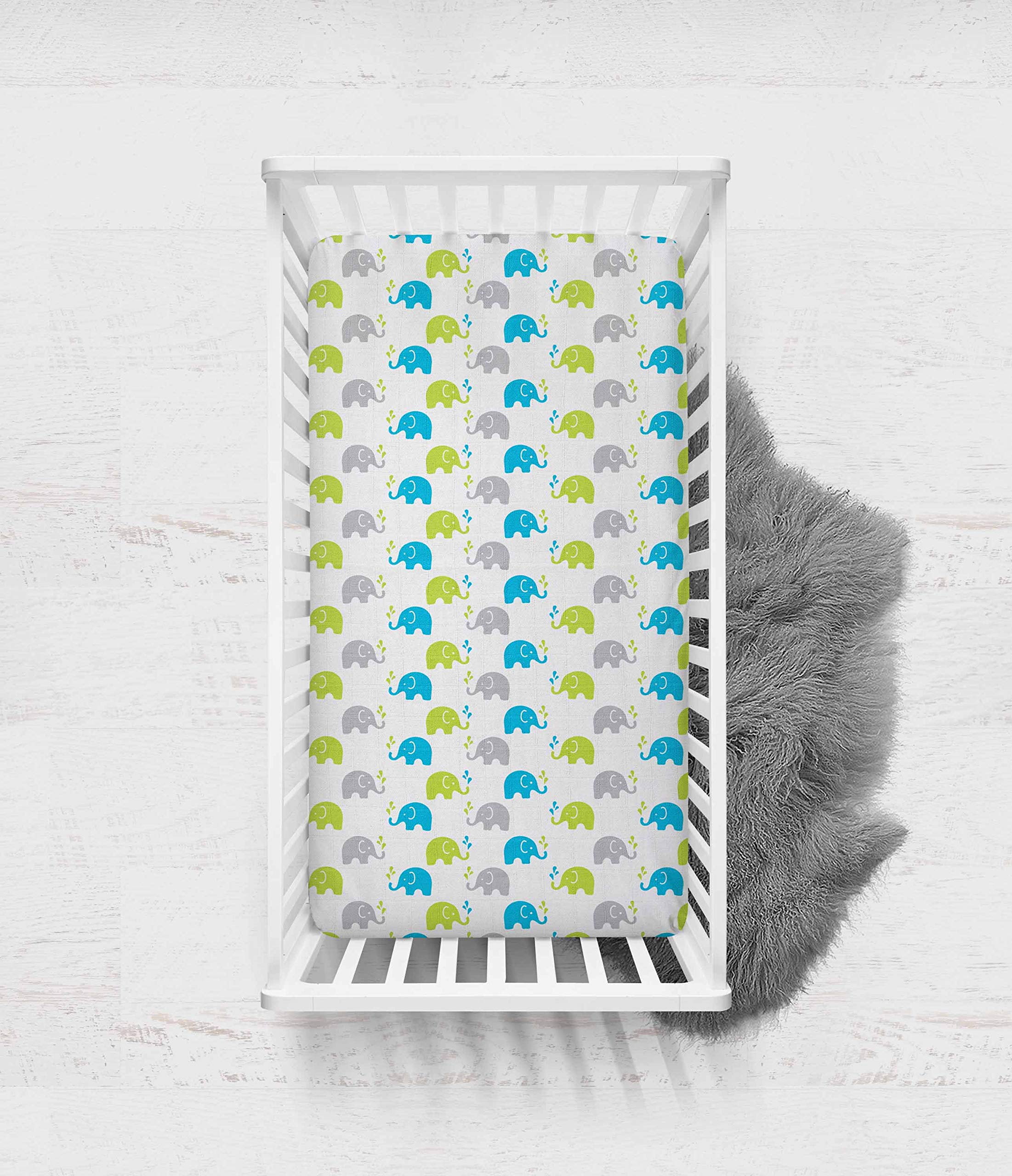 Bacati 2 Piece Elephants Muslin Crib Sheets, Blue/Grey