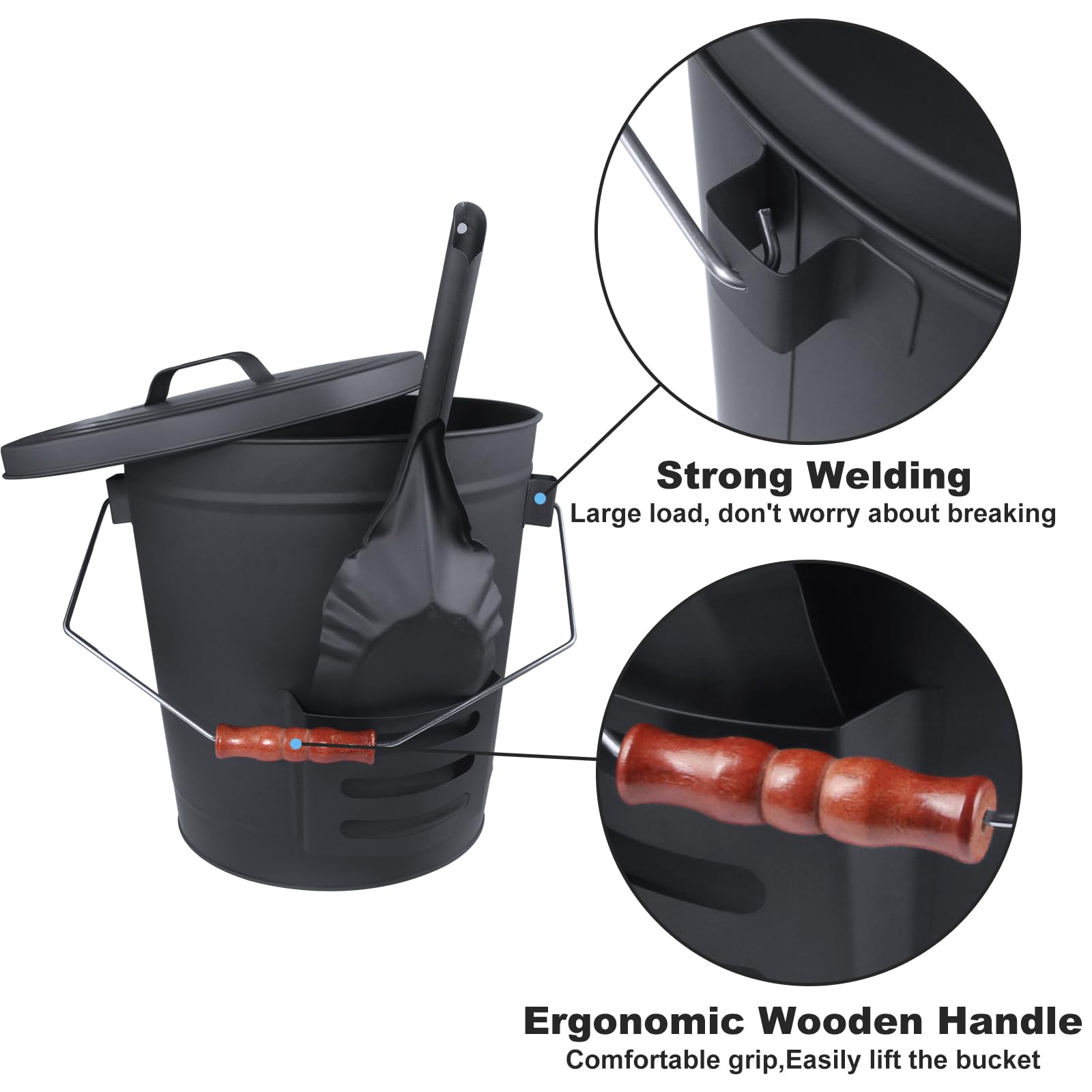 Ash Bucket with Lid and Shovel Hand Broom, 5.15 Gallon Large Galvanized Iron Metal Fireplace Tools Ash Pail for Fire Places Fire Pits Wood Burning Stoves Hearth Accessories Indoor Outdoor, Black