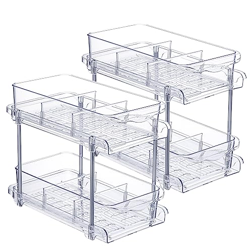 2 Tier Clear Bathroom Storage Organizer with Dividers and Pull Out Shelves - Under Sink Cabinet Organizer for Kitchen, Pantry, Vanity and Medicine Cabinet
