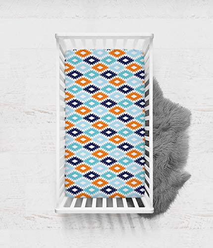 Bacati Liam Aztec Kilim Cotton Percale Crib/Toddler Bed Fitted Sheets 2 Piece, Aqua/Orange/Navy