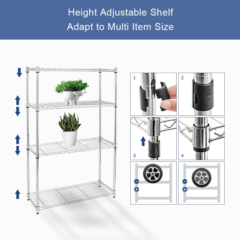 4 Tier Wire Shelving Rack with NSF Certified, Adjustable Metal Shelves for Storage, 4 Tier Chrome Shelving Unit with Leveling Feet, 18"D X 29.5"W X 59"H, 300Lbs Capacity, For Kitchen, Pantry, Garage