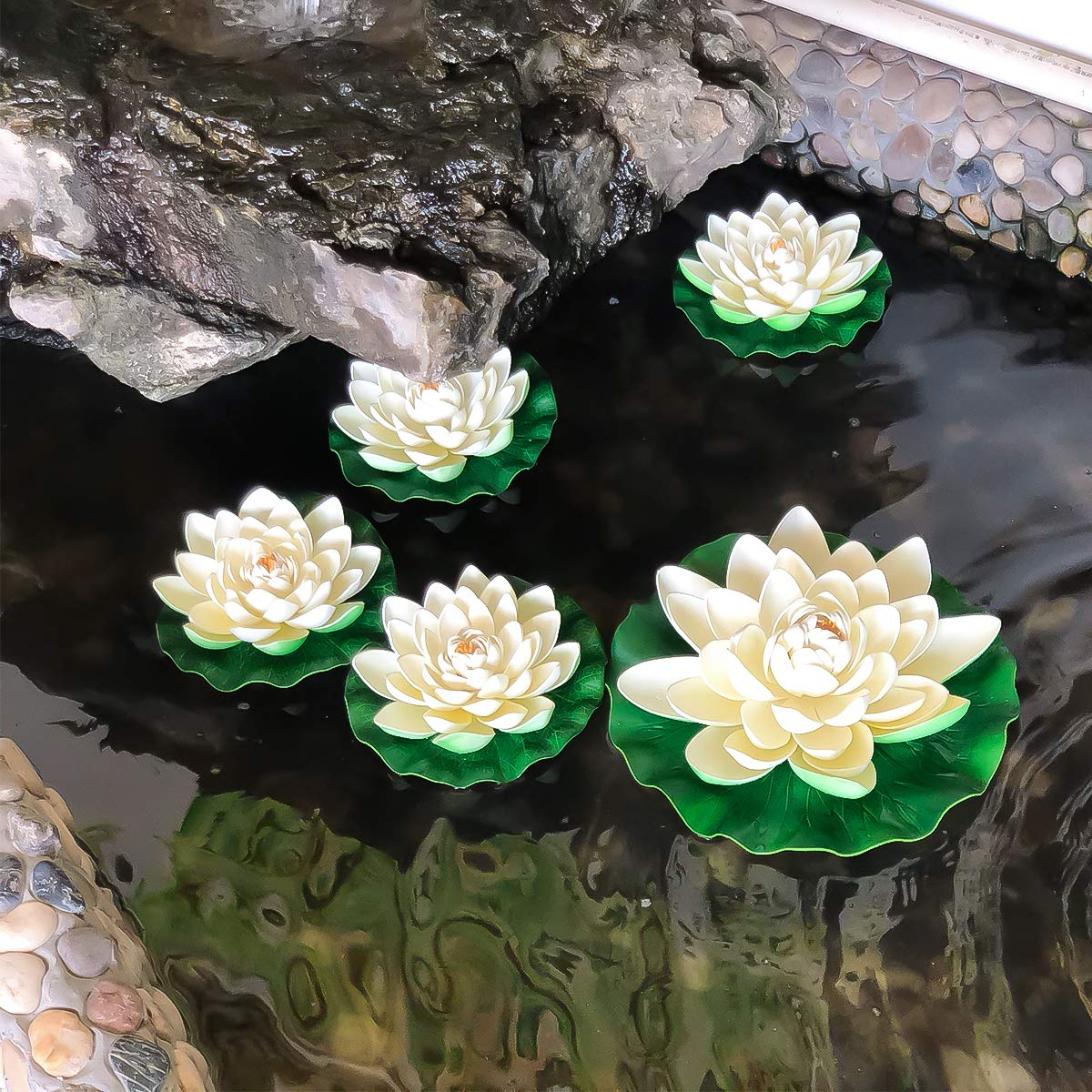AZEX Linyida Artificial Floating Foam Lotus Flowers,Artificial Water Lily Pads, Lotus Lilies Pad Ornaments for Patio Koi Pond Pool Aquarium Home Garden(6PCS Ivory)