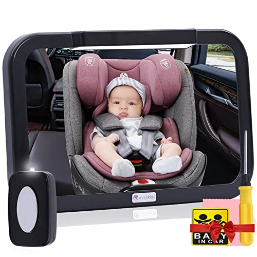 Baby Car Mirror with Light Innokids Dual Mode LED Lighting by Remote Control Clear View of Infant in Rear Facing Back Seat While Night Driving (Black)