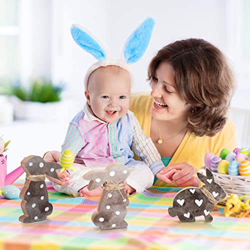 4 Pieces Easter Bunny Wooden Sign, Bunny Shape Easter Decorations Tabletop Rabbit Decor with Jute Rope Freestanding Farmhouse Rabbit Tiered Tray Decor for Spring Party Desk Office Gift Table Home