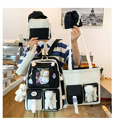 AONUOWE 5 pcs Cute Aesthetic Backpack Set for School Teens, 3 Plushies & 5 Pins & Cards Kawaii Backpack with Accessories (Black)