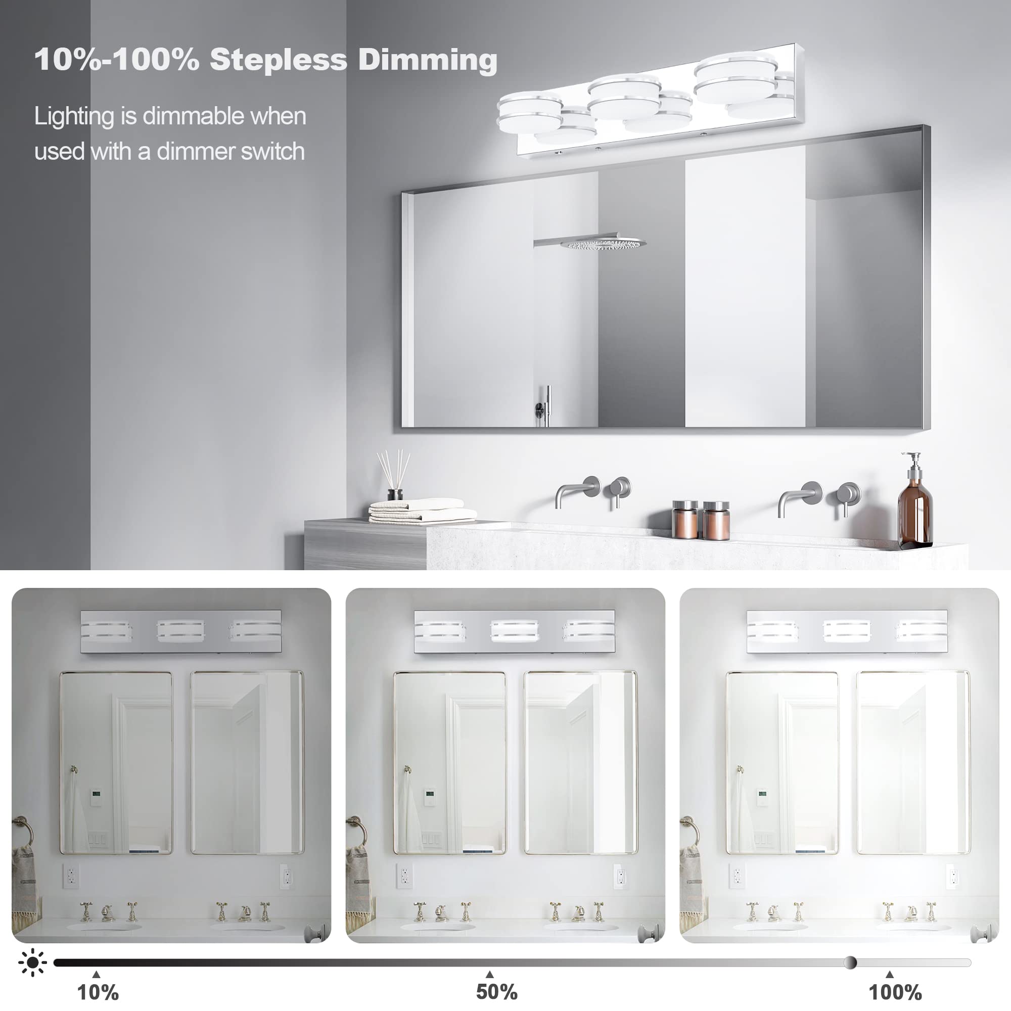 3 Color Temperature Dimmable Bathroom Light Fixtures over Mirror LED Chrome 3 Light Bathroom Vanity Light Fixtures Acrylic Stainless Steel Oval Shade Vanity Lights for Bathroom, ETL Certificated