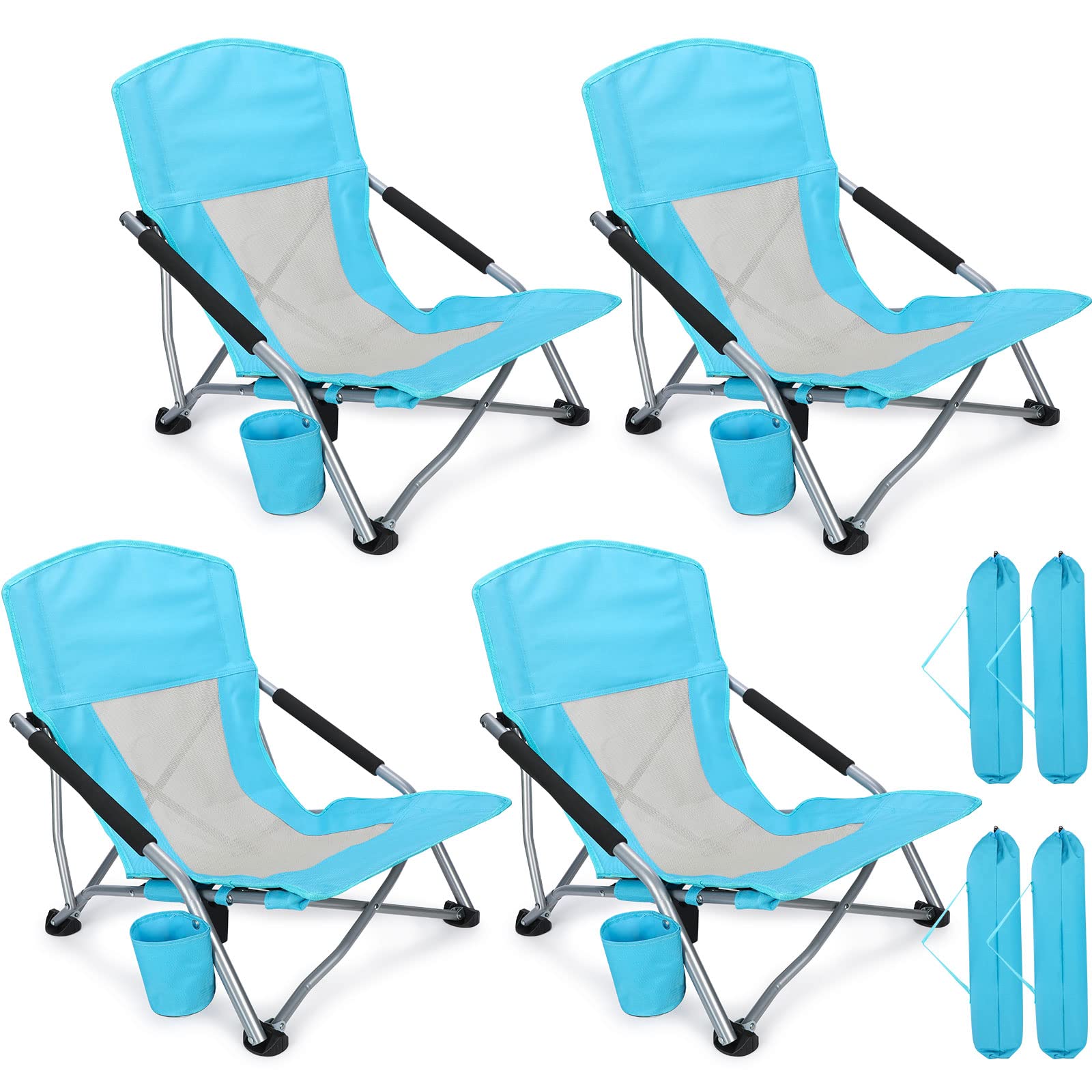 4 Pcs Beach Chairs for Adults Folding Beach Chairs Low Seat Camping Stool Mesh Back Beach Portable Chair with Cup Holder Carry Bag for Outdoor Lawn Picnic Beach Camping (Blue)
