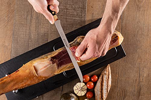 ARCOS Carving Knife 10 Inch Stainless Steel. Ham Slicer Knife for Cutting Ham and Meat. Ergonomic Polyoxymethylene Handle and 250mm Blade. Series Regia. Color Black/Gold