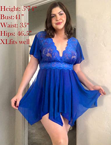 Avidlove Womens Plus Size Lingerie Babydoll Sexy Mesh Nightdress Royal Blue