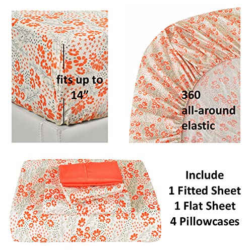 American Home Collection 6 Piece Print Bedding Sheets & Pillowcases Set Brushed Microfiber Wrinkle Free 14 Inches Deep Pocket Coral Patterned Sheets (Queen, Peach Floral)