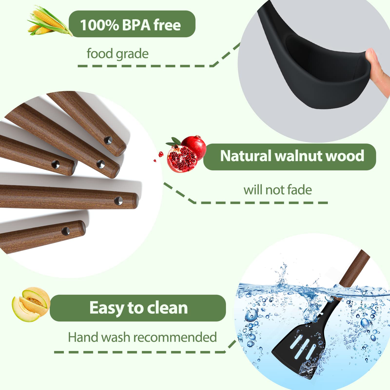33 Pcs Silicone Kitchen Utensils Set, Kitchen Cooking Utensils Set with Black Natural Walnut Hard Wood Handle, Silicone Utensils Set with Holder, Heat Resistant, BPA Free, Non Toxic, Black