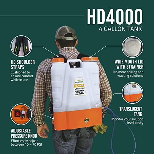 PetraTools 4 Gallon Battery Powered Backpack Sprayer (HD4000) β Extended Spray Time Long-Life Battery - New HD Wand Included, Wide Mouth Lid, Multiple Nozzles & Battery Included
