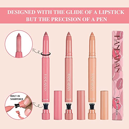 3 Colors Matt Nude Lipstick Lipliner Lip Crayons Pack Set with Built-in Sharpener,Velvet Moisture Smooth Matte Lipstick Pencils,Waterproof&Waterlasting Velvet Lip Crayon Lip Liner Lip Pen Lip Makeup