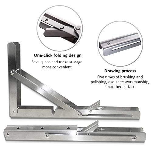 Folding Shelf Brackets - Heavy Duty Stainless Steel Collapsible Shelf Bracket for Bench Table, Space Saving DIY Bracket, Max Load: 550lb (Long:10” ,2 PCS)