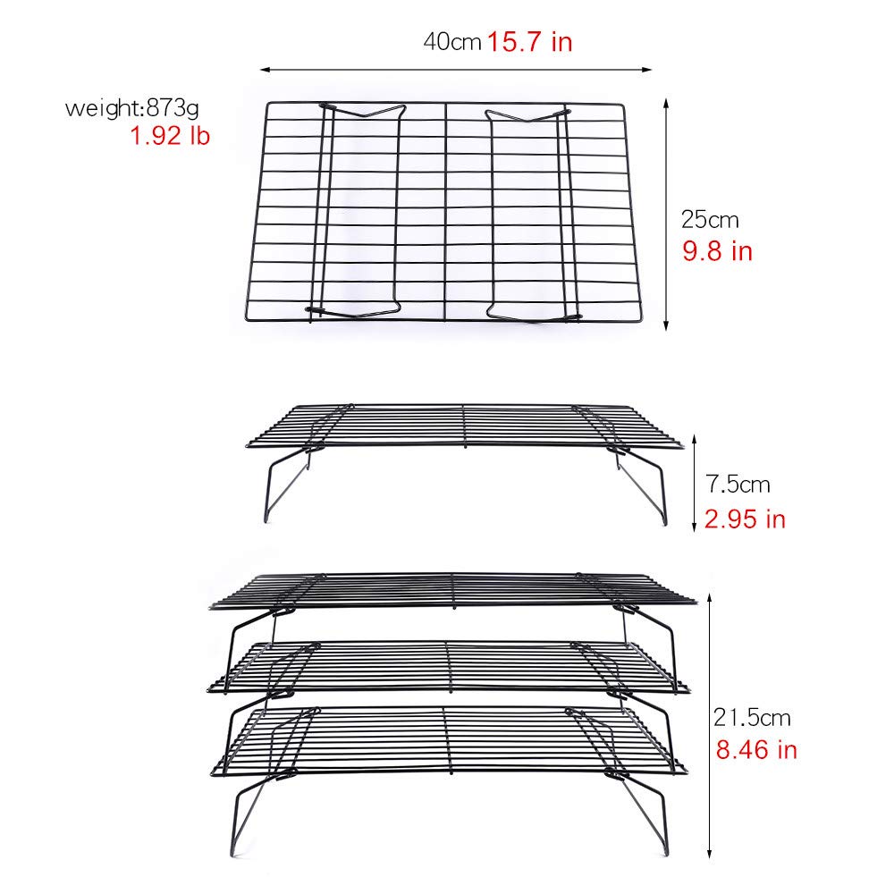 3 Tier Non Stick Cake Cooling Rack - Oven Safe, Heat Resistant, Space Saving Stackable Wire Tray with Collapsible Legs for Roasting, Cooking, Grilling, Drying, Plus Multi-use Basting Brush, 10x16 in