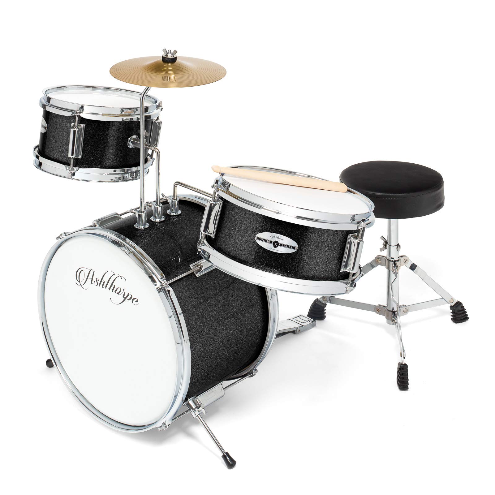 Ashthorpe 3-Piece Complete Drum Set - Beginner Kit with 14" Bass, Adjustable Throne, Cymbal, Pedal & Drumsticks - Black
