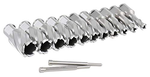 Accusize Industrial Tools 13 Pc 7/16'' to 1-1/16'' Hss Annular Cutters, 1'' Cutting Depth, 3/4'' Weldon Shank, with 2 Pilot Pins, Strong Box, N10