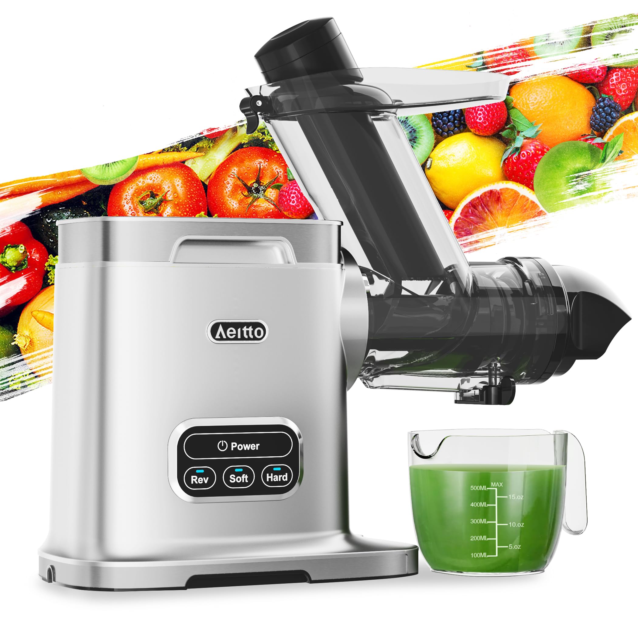 Aeitto Cold Press Juicer Machines, 3.6 Inch Wide Chute, Large Capacity, High Juice Yield, 2 Masticating Juicer Modes, Easy to Clean Slow Juicer for Vegetable and Fruit (Silver)