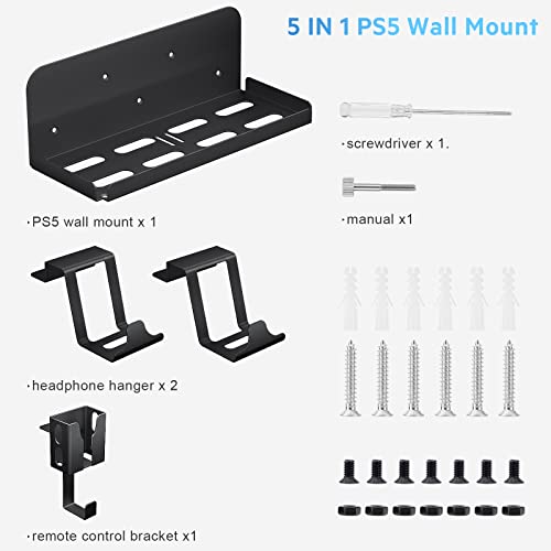 Allnice PS5 Wall Mount, 5 IN 1 Playstation 5 Wall Mount (Disc and Digital Edition) Wall Bracket for Playstation 5 with Detachable Controller Holder & Headphone Hanger & Remote Control Bracket (Black)